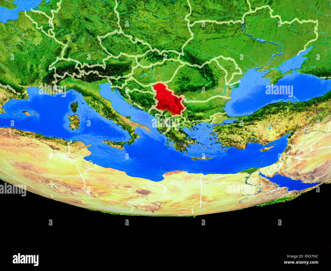 Serbia from space on model of planet Earth with country borders. 3D ...