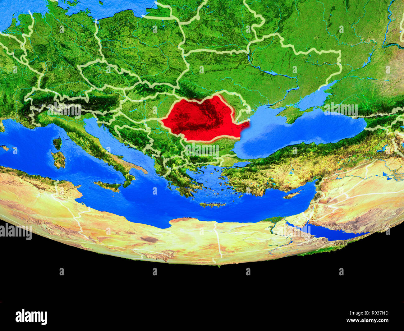 Romania from space on model of planet Earth with country borders. 3D ...