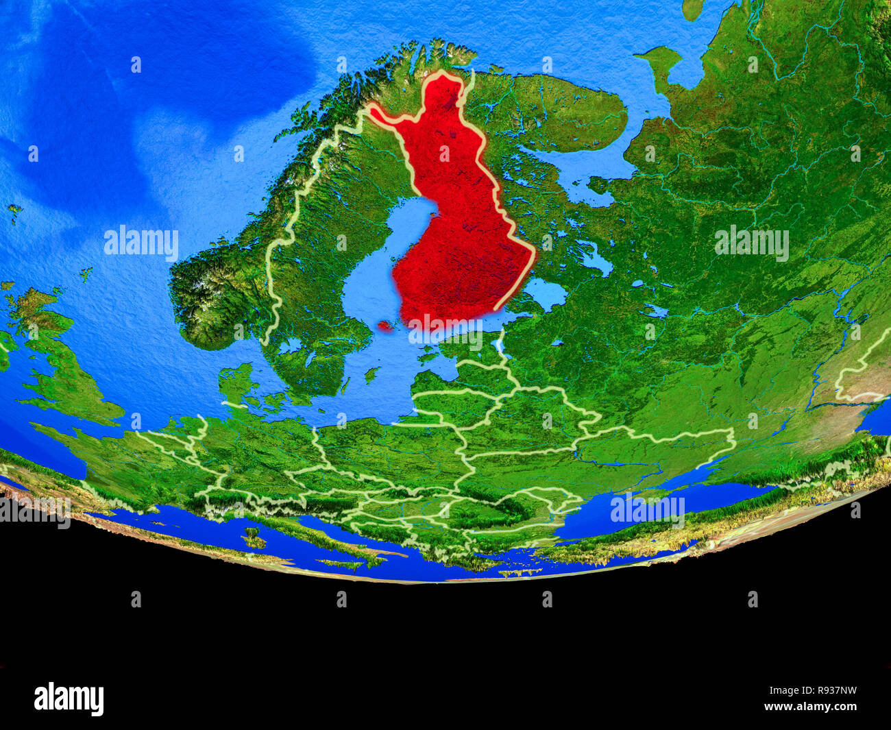 Finland from space on model of planet Earth with country borders. 3D ...