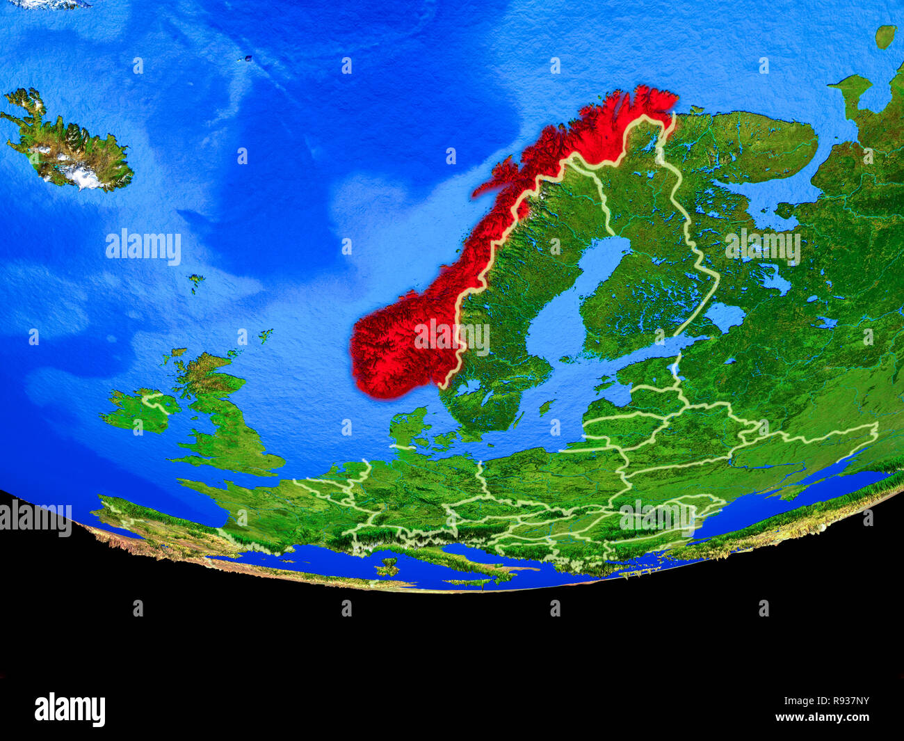 Norway from space on model of planet Earth with country borders. 3D ...