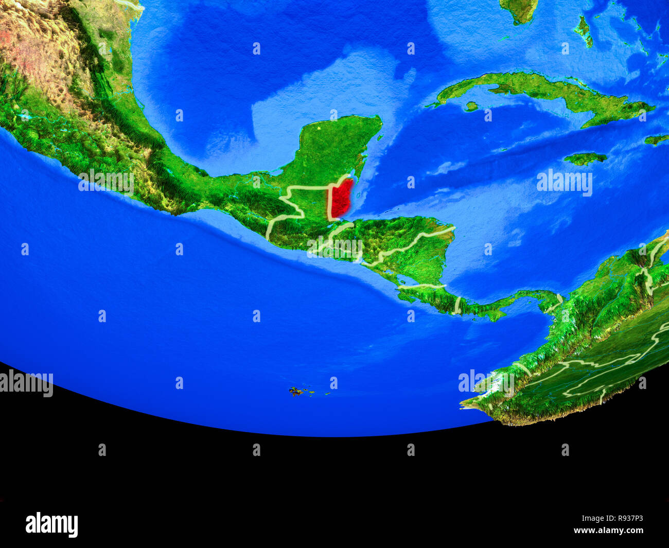 Belize from space on model of planet Earth with country borders. 3D ...