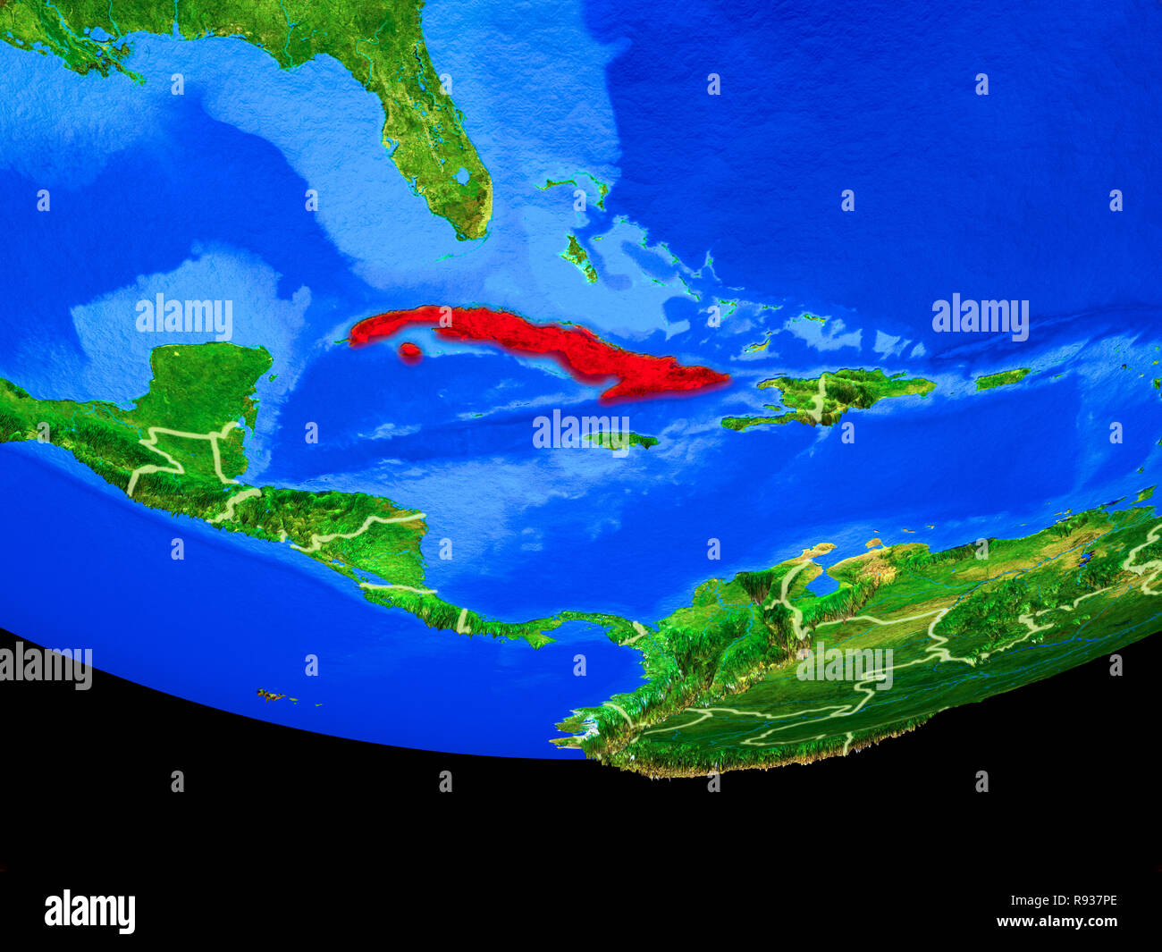 Cuba from space on model of planet Earth with country borders. 3D ...