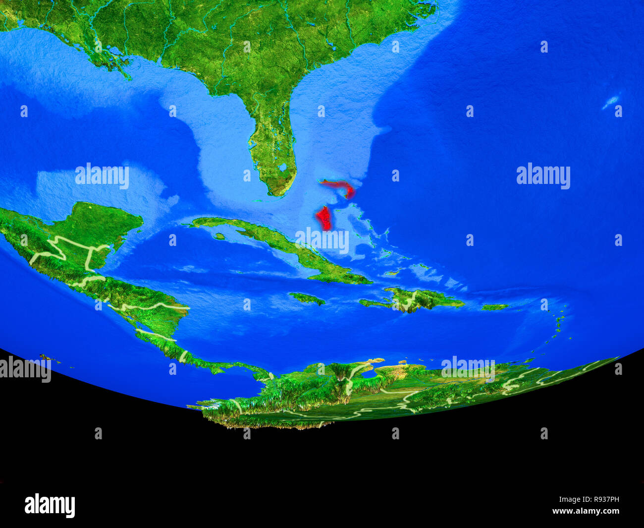 Bahamas from space on model of planet Earth with country borders. 3D ...