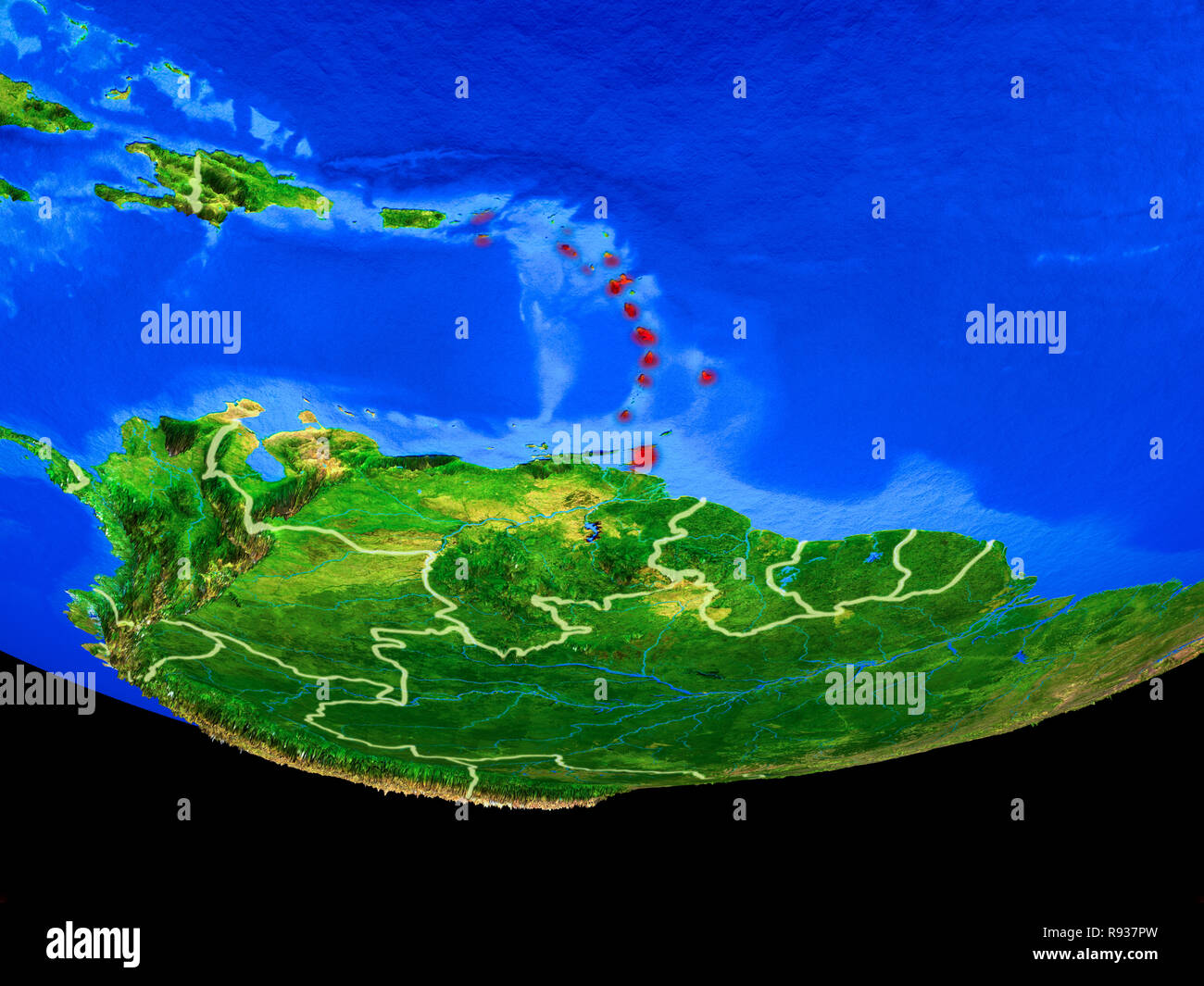 Caribbean from space on model of planet Earth with country borders. 3D ...