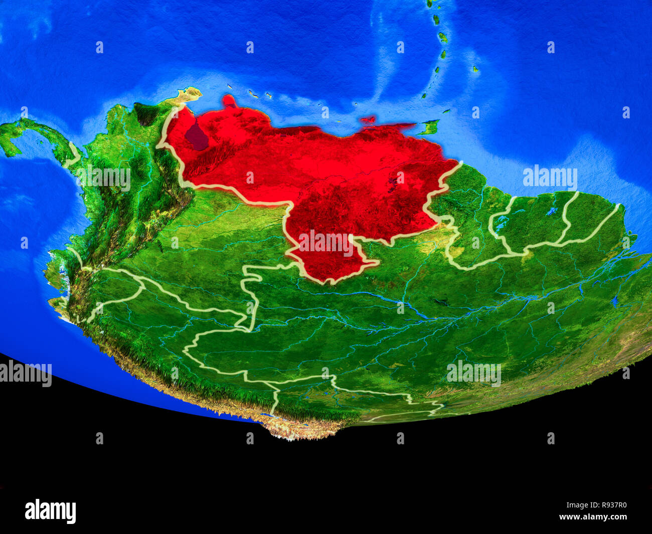 Venezuela from space on model of planet Earth with country borders. 3D ...