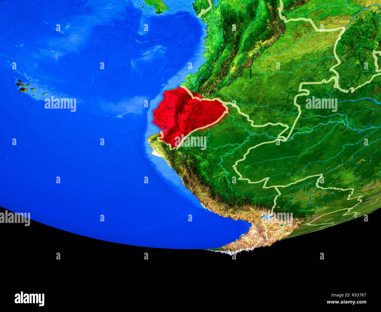 Ecuador from space on model of planet Earth with country borders. 3D ...