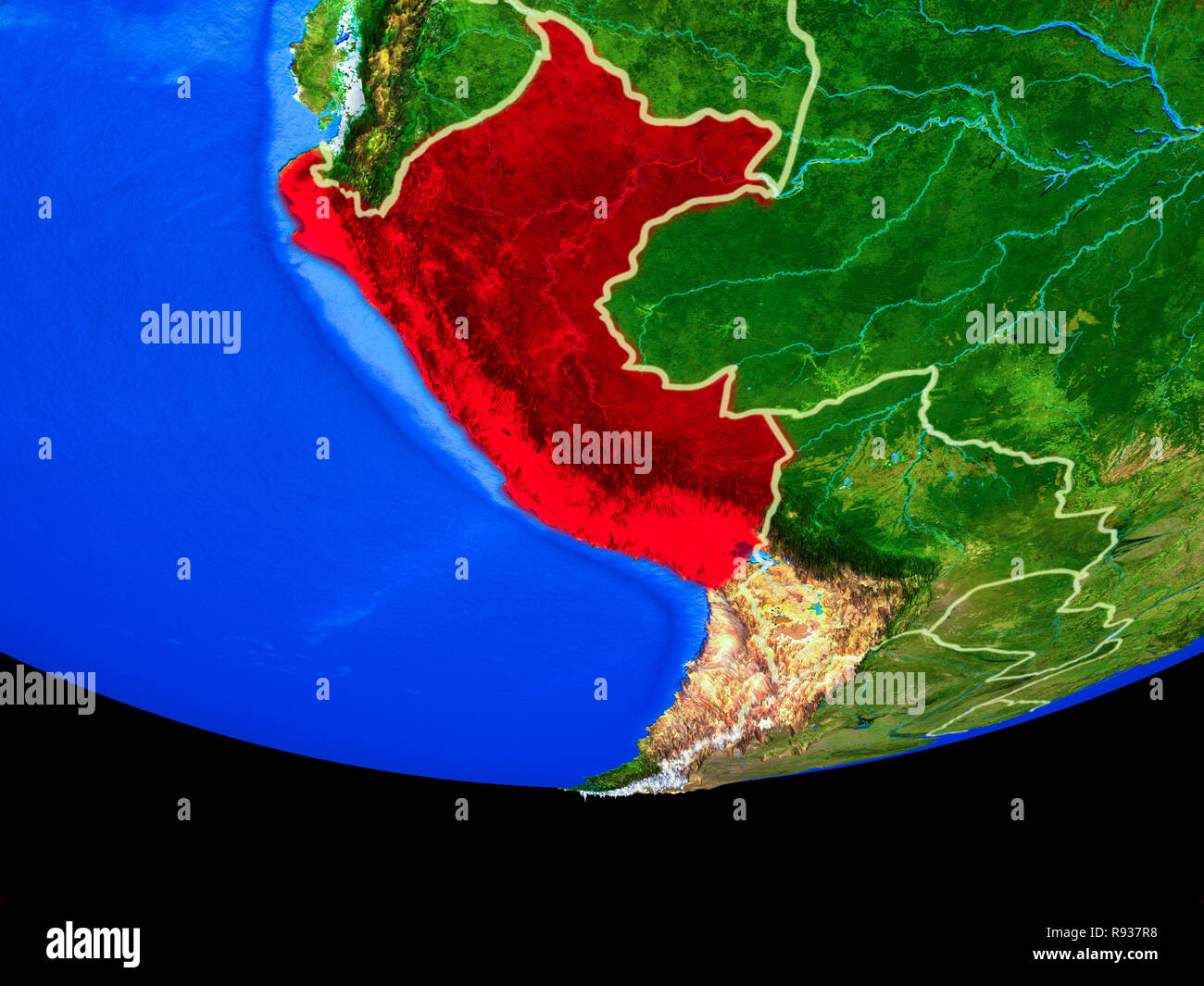 Peru from space on model of planet Earth with country borders. 3D ...