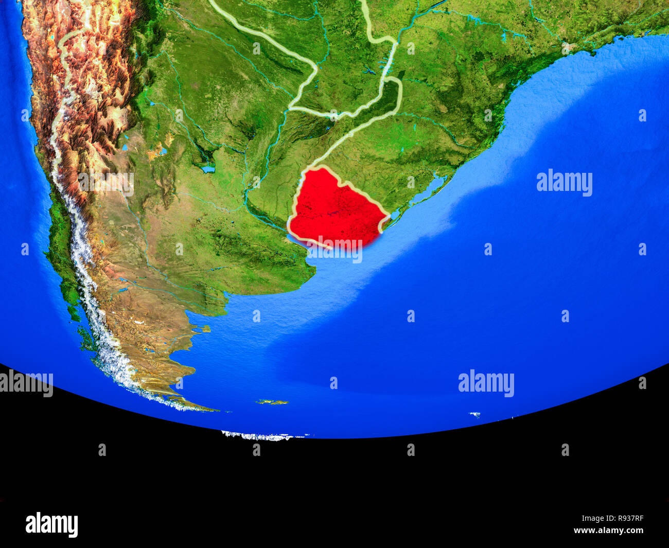 Uruguay from space on model of planet Earth with country borders. 3D ...