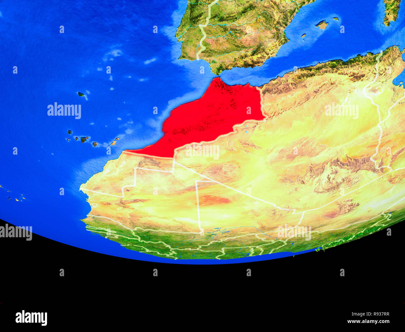 Morocco from space on model of planet Earth with country borders. 3D ...