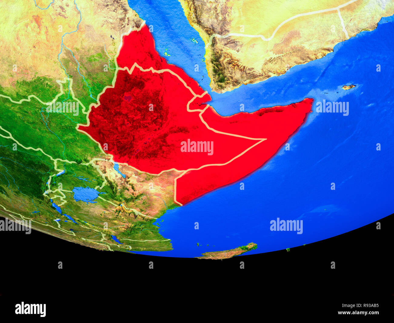 Horn of Africa from space on model of planet Earth with country borders ...