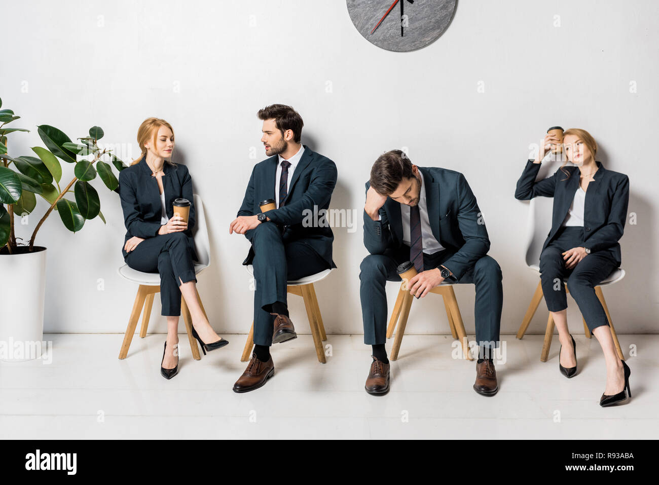 collage of young business people holding coffee to go and waiting on ...