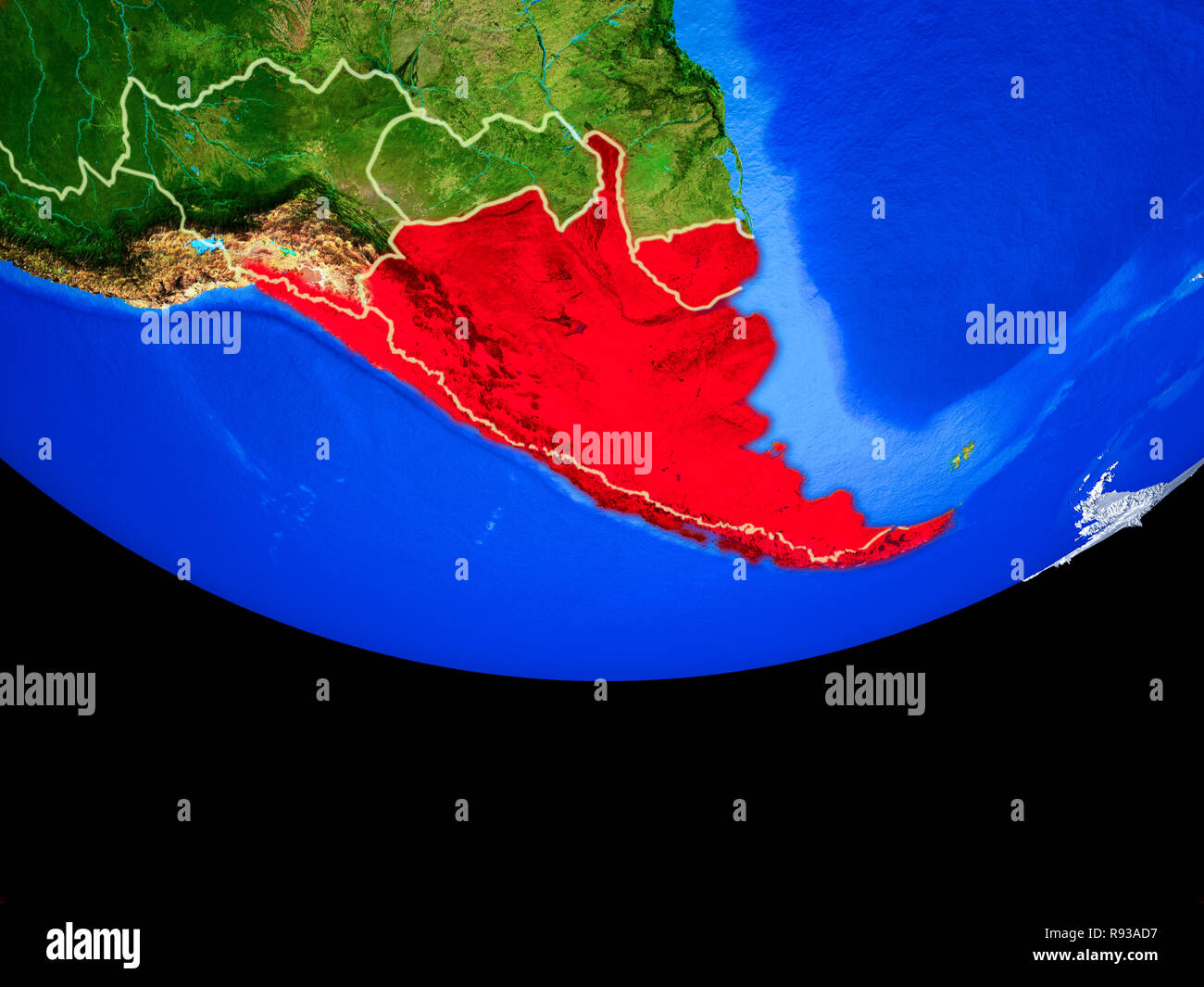 Southern Cone from space on model of planet Earth with country borders ...