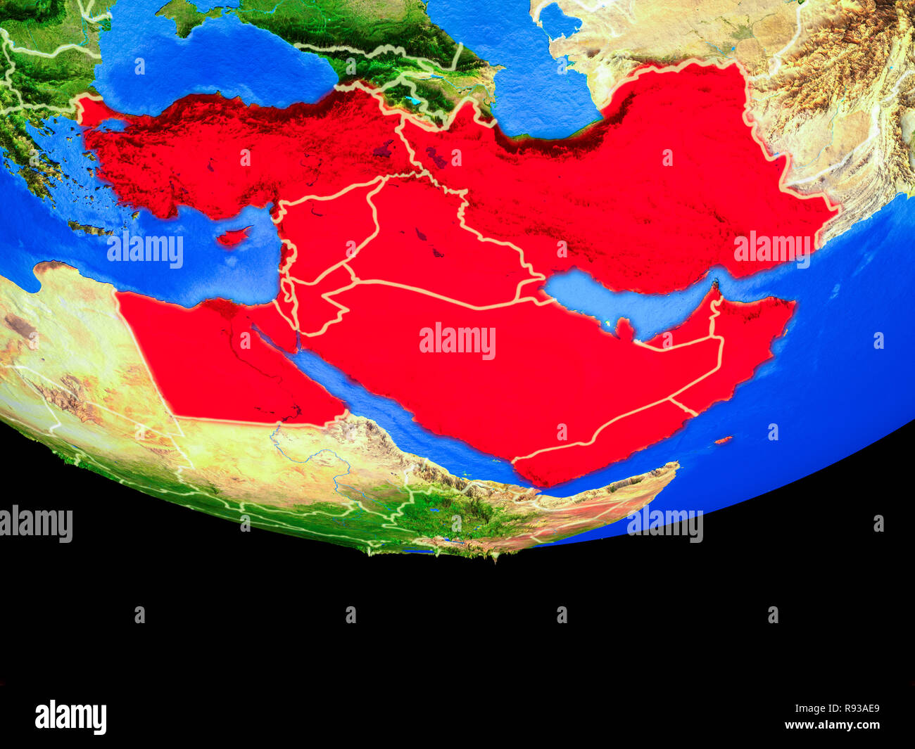 Middle East from space on model of planet Earth with country borders ...