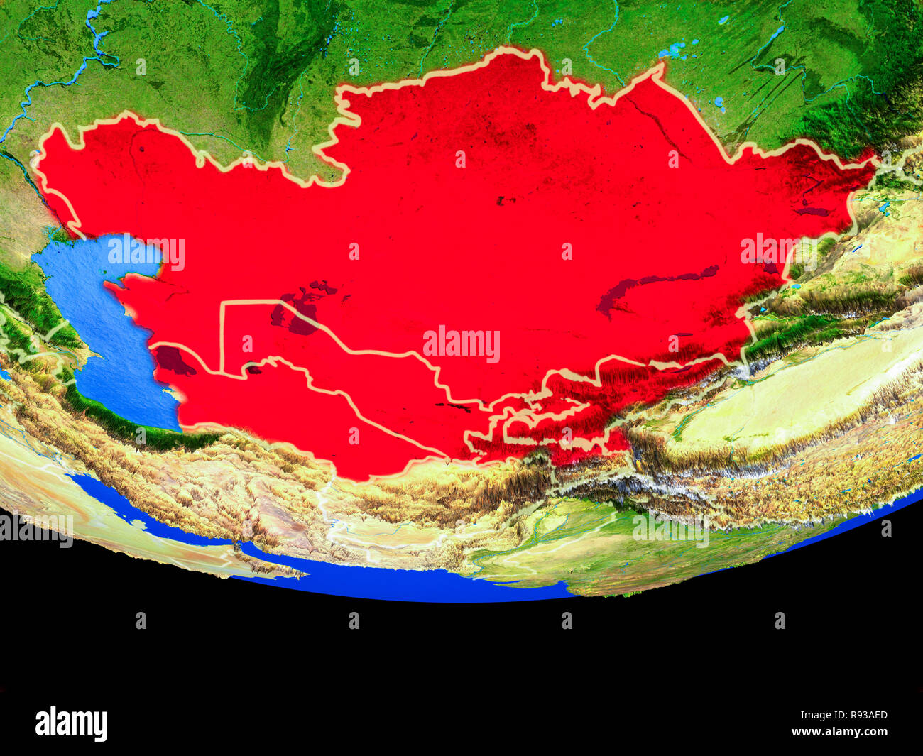 Central Asia from space on model of planet Earth with country borders ...