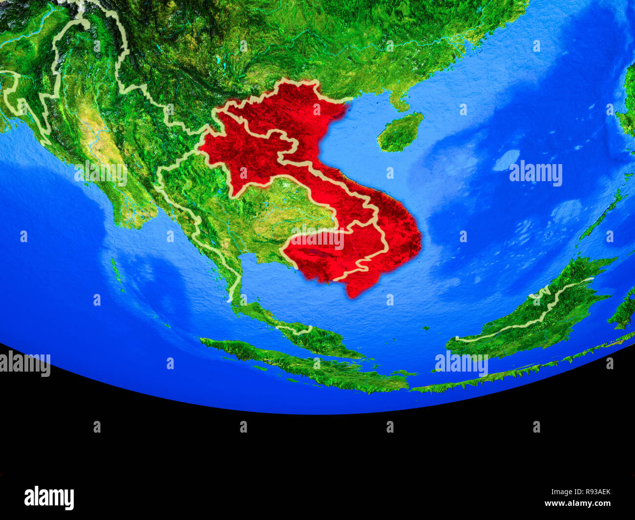 Indochina from space on model of planet Earth with country borders. 3D ...