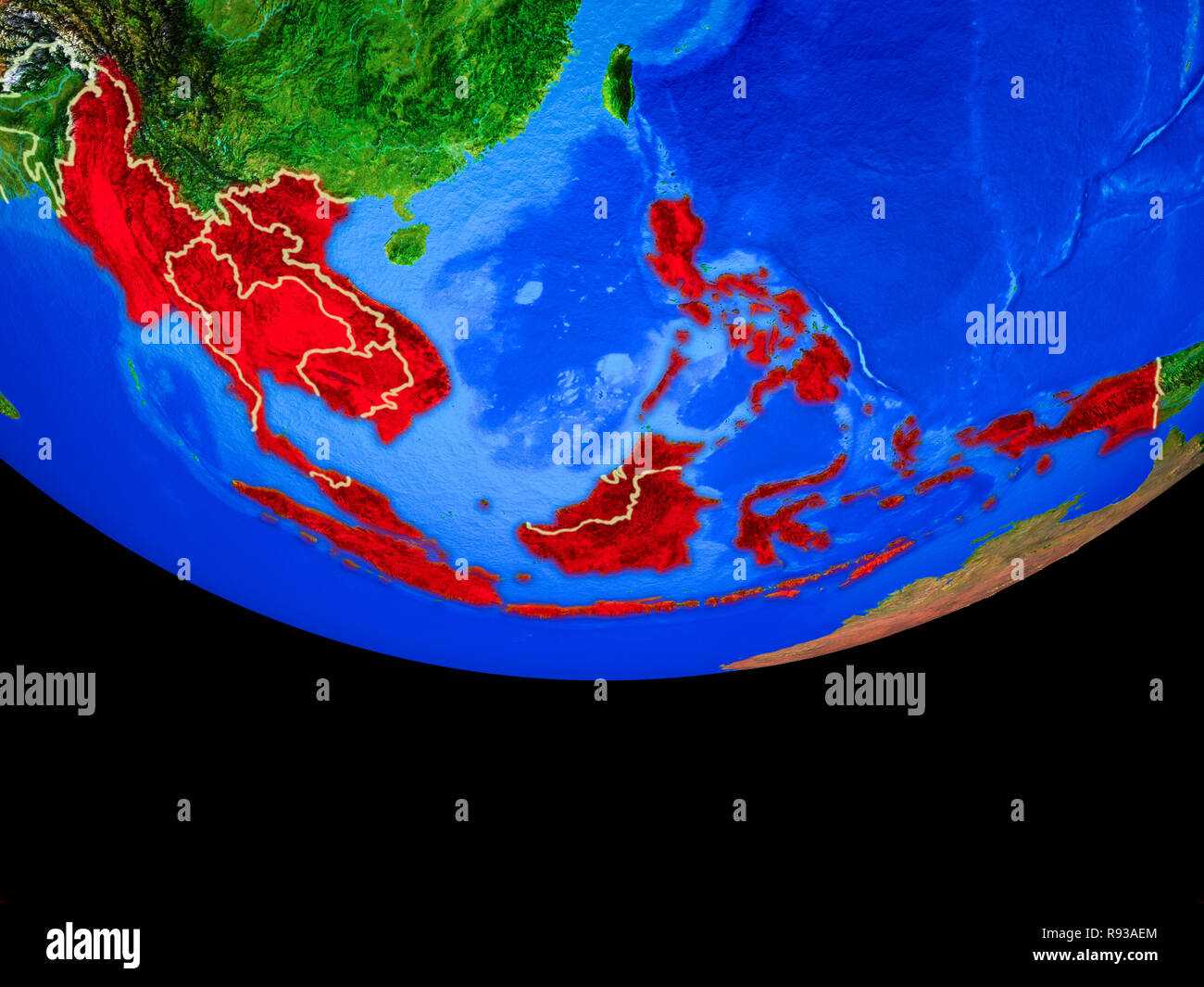 South East Asia from space on model of planet Earth with country ...