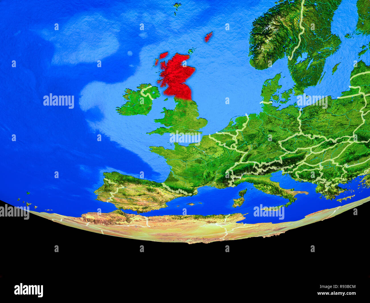 Scotland from space on model of planet Earth with country borders. 3D ...
