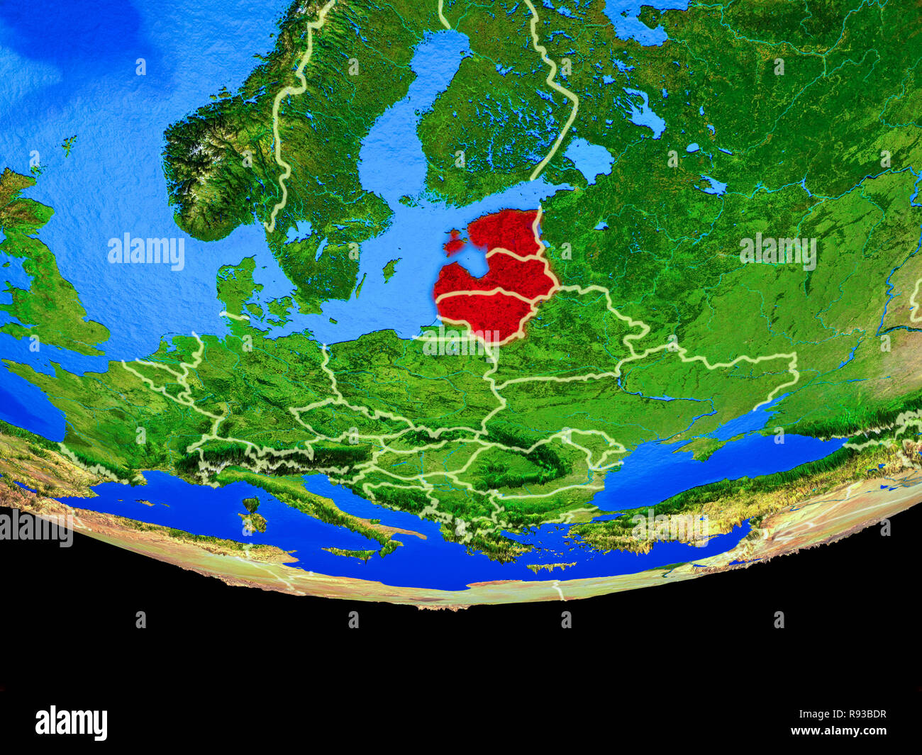 Baltic States from space on model of planet Earth with country borders ...