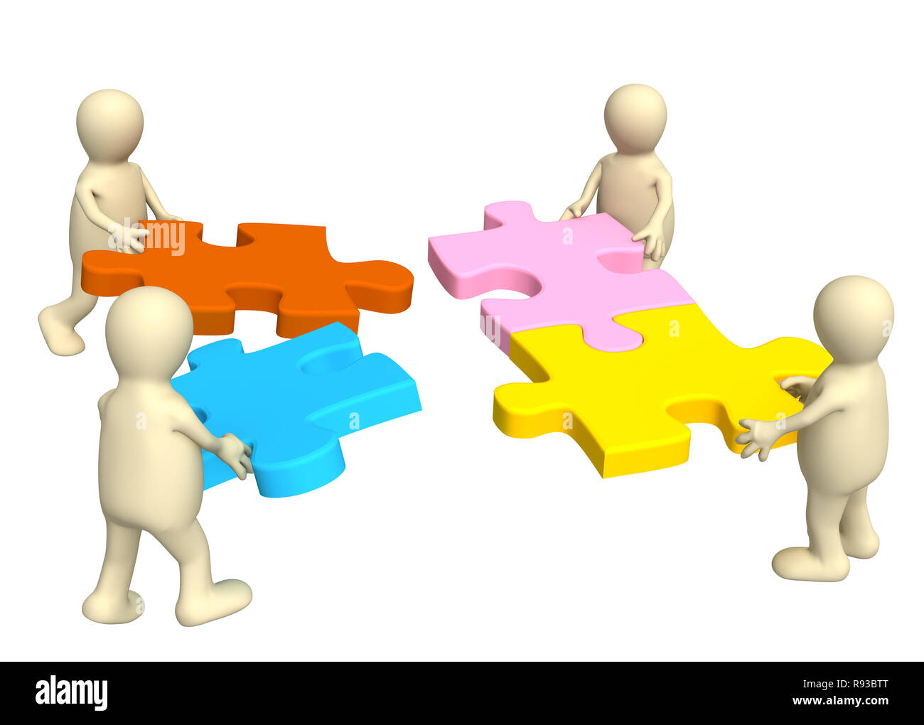 Four puppets, holding in hands a puzzle Stock Photo - Alamy