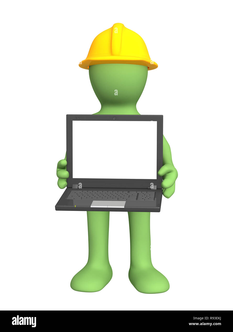 3d puppet with laptop in hand. Object over white Stock Photo - Alamy