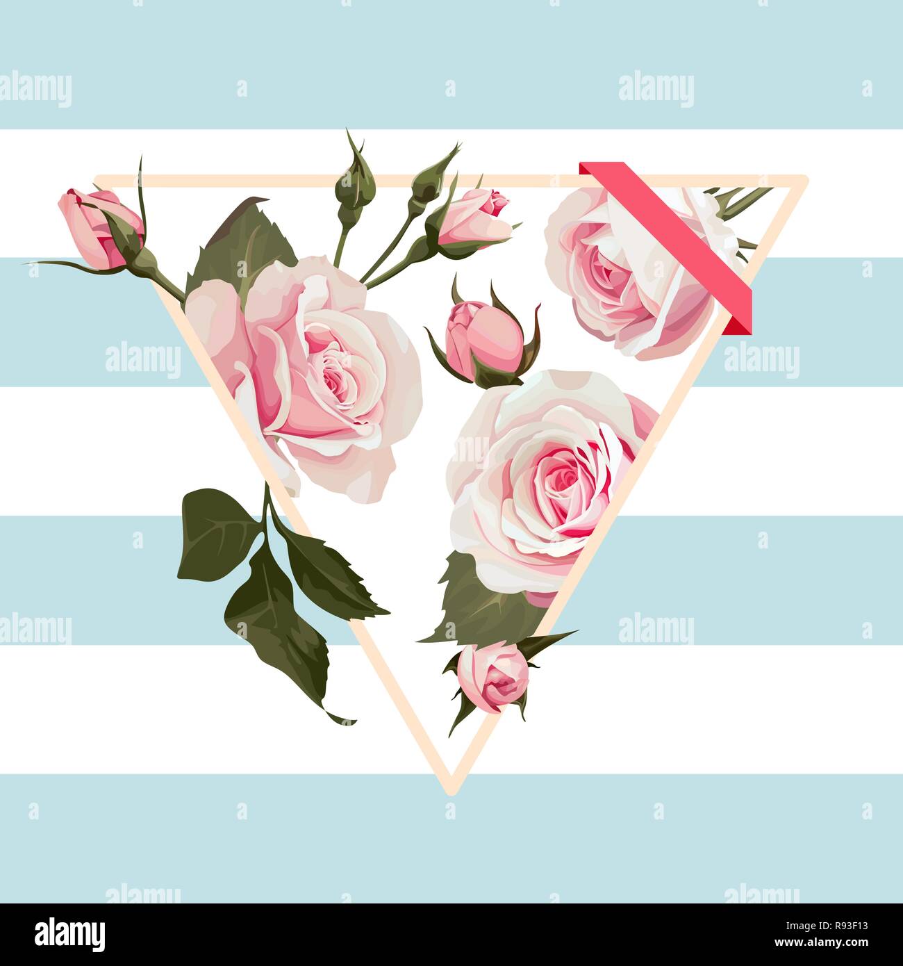 Vector floral triangle shape frame with pink roses on blue striped ...
