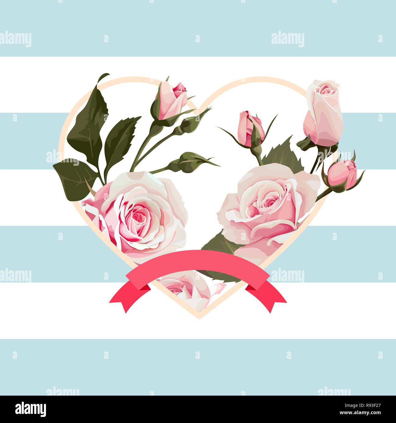Vector floral heart shape frame with pink roses on blue striped ...