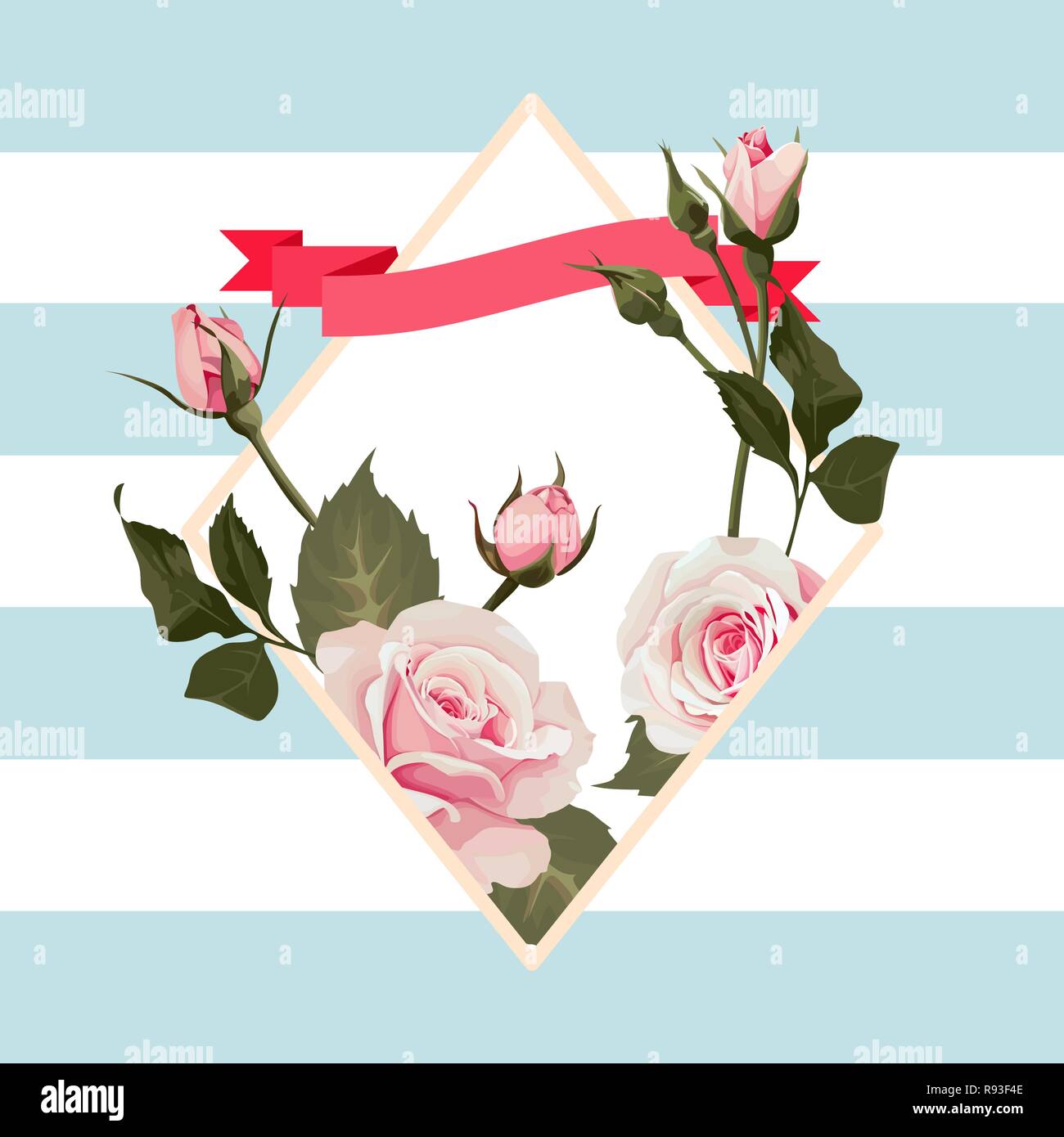Vector floral rhombus shape frame with pink roses on blue striped ...