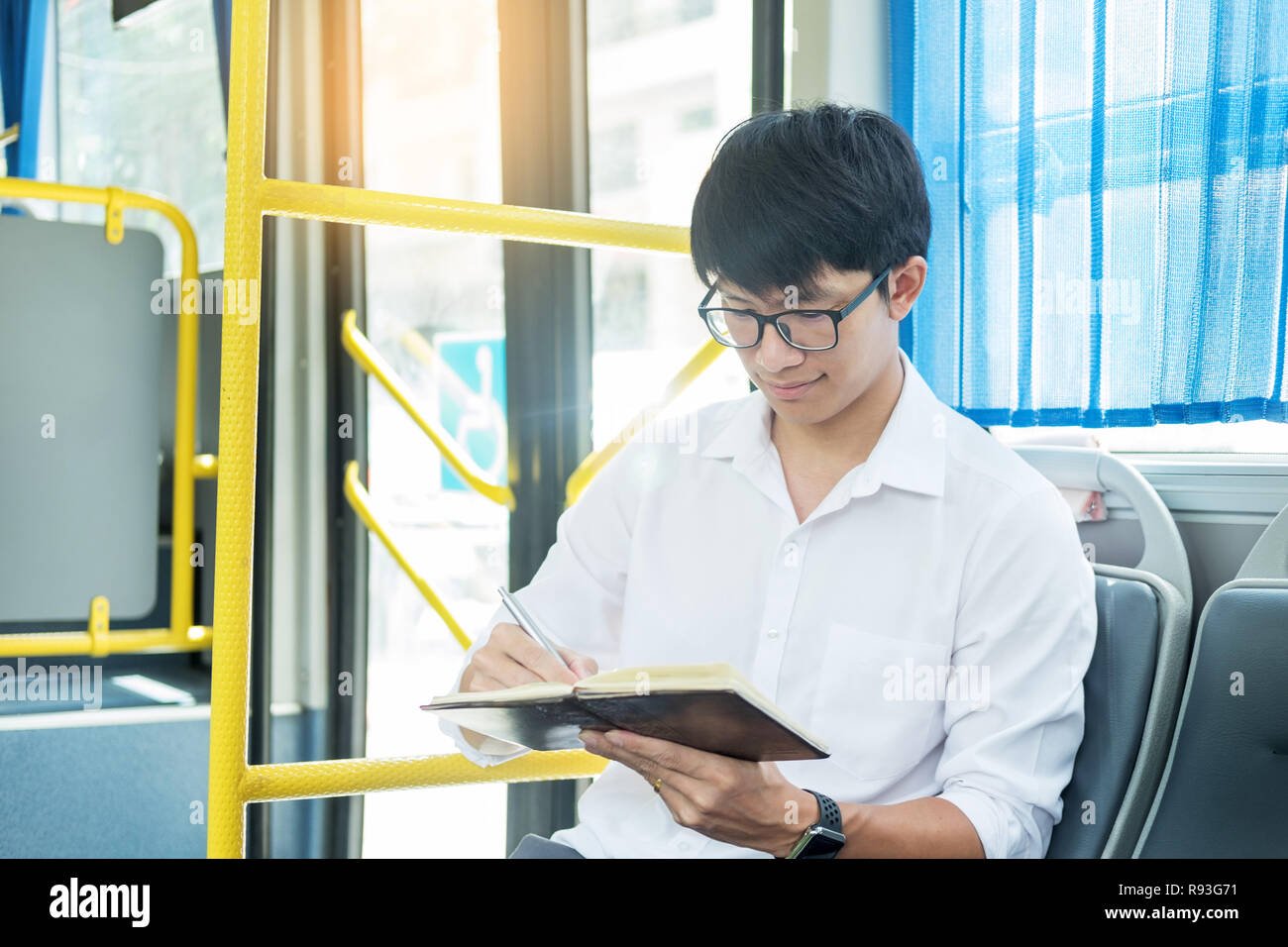 Concept of commute, public transportation, mobility. handsome young ...
