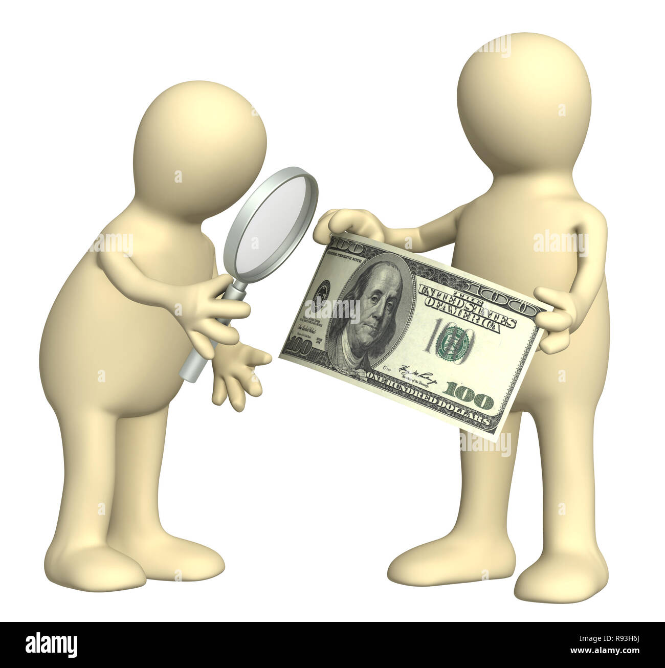 Authentication of the banknote. Two puppets with loupe and dollar ...