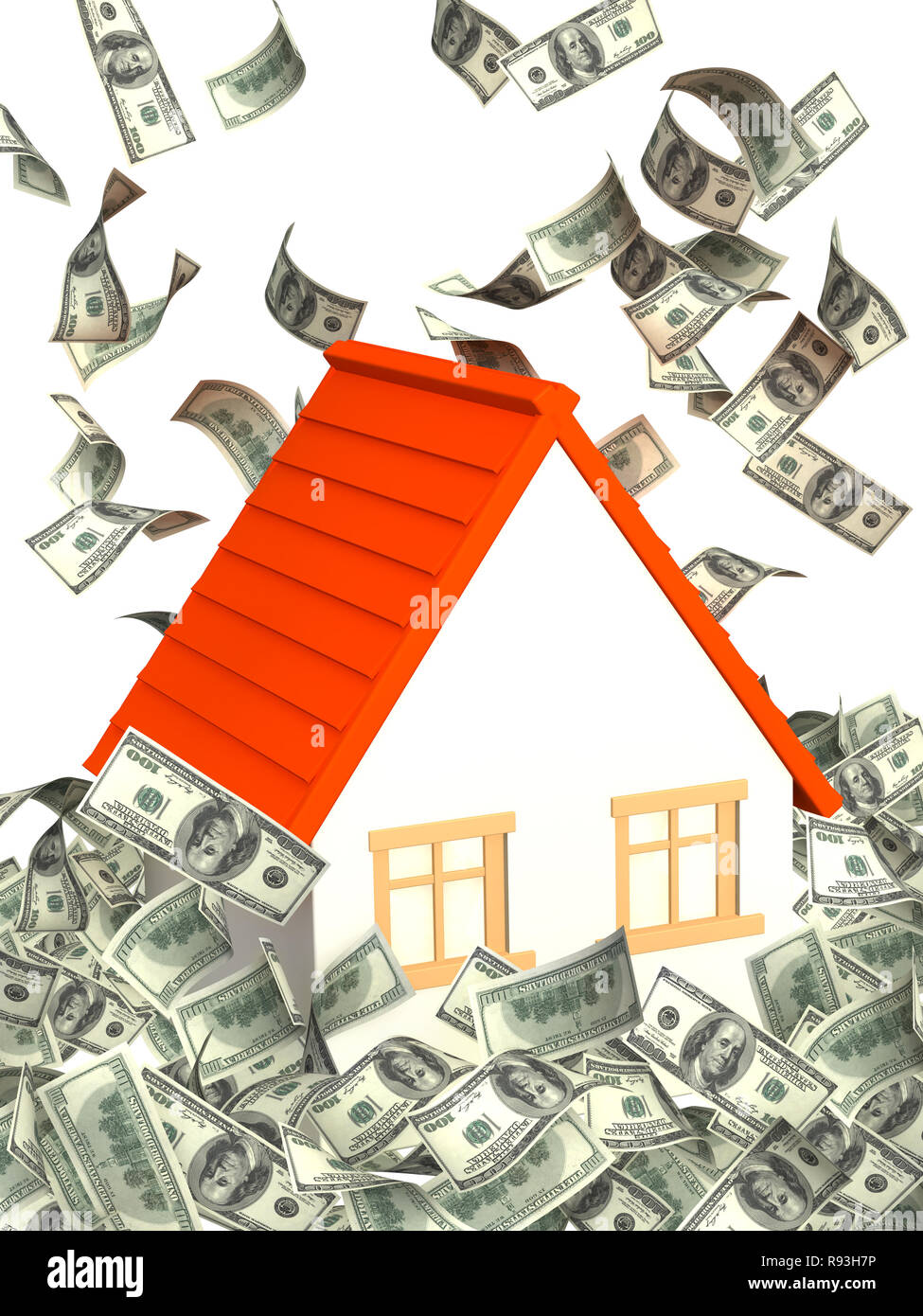 House and falling dollar banknotes. Isolated over white Stock Photo - Alamy