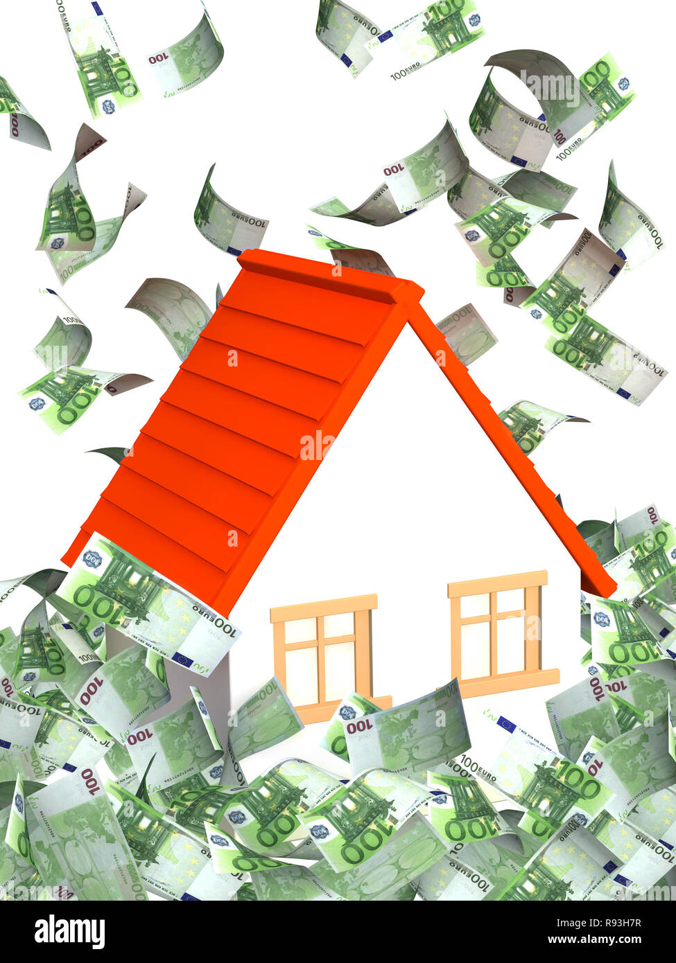 House and falling dollar banknotes. Isolated over white Stock Photo - Alamy