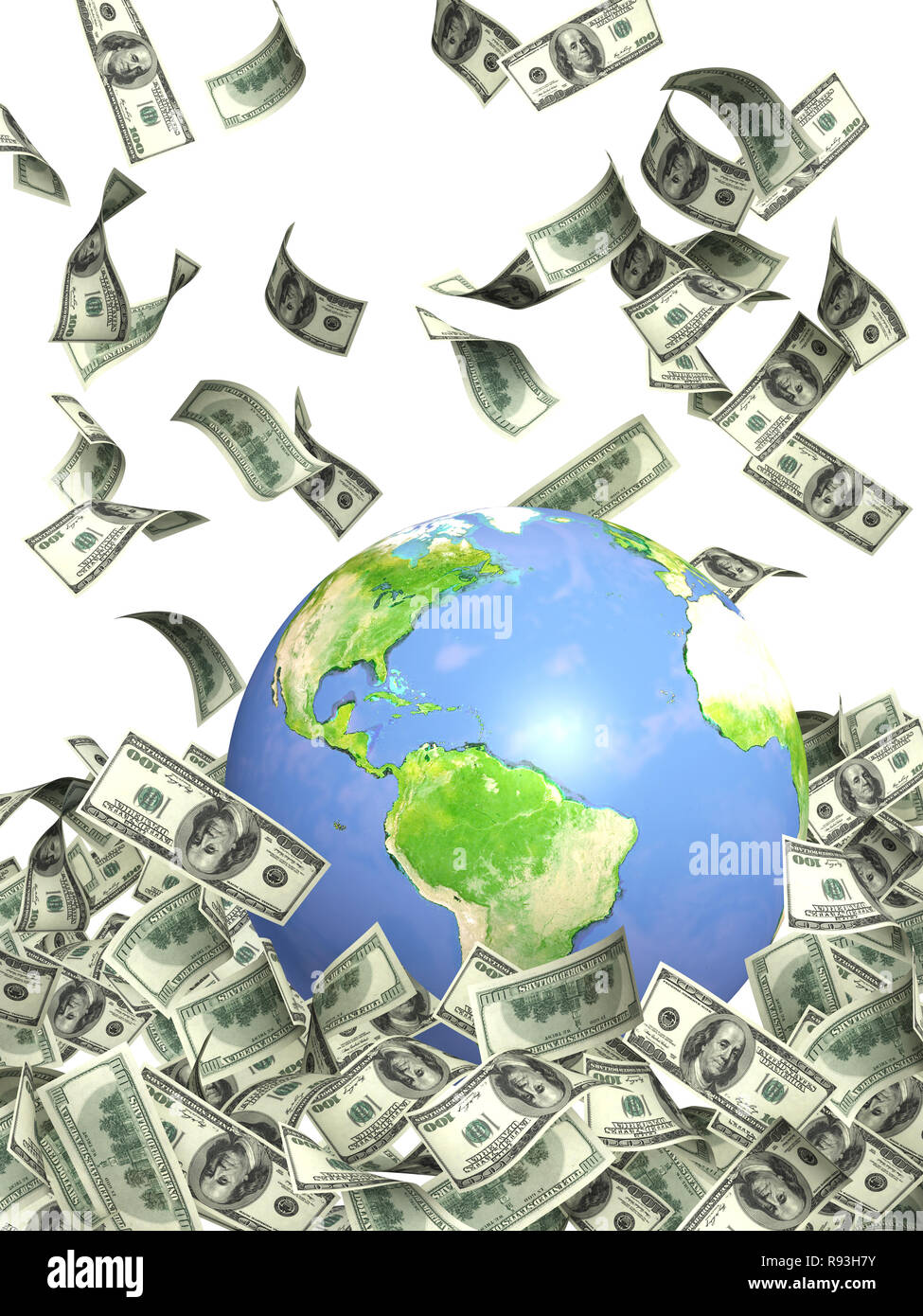 Earth and falling dollar banknotes. Isolated over white Stock Photo - Alamy