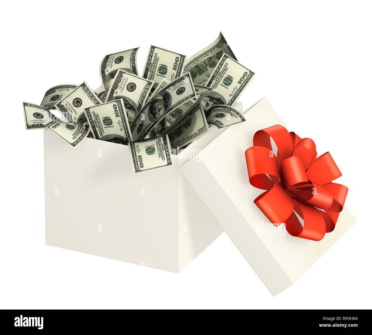 Opened gift and dollars. Objects isolated over white Stock Photo - Alamy