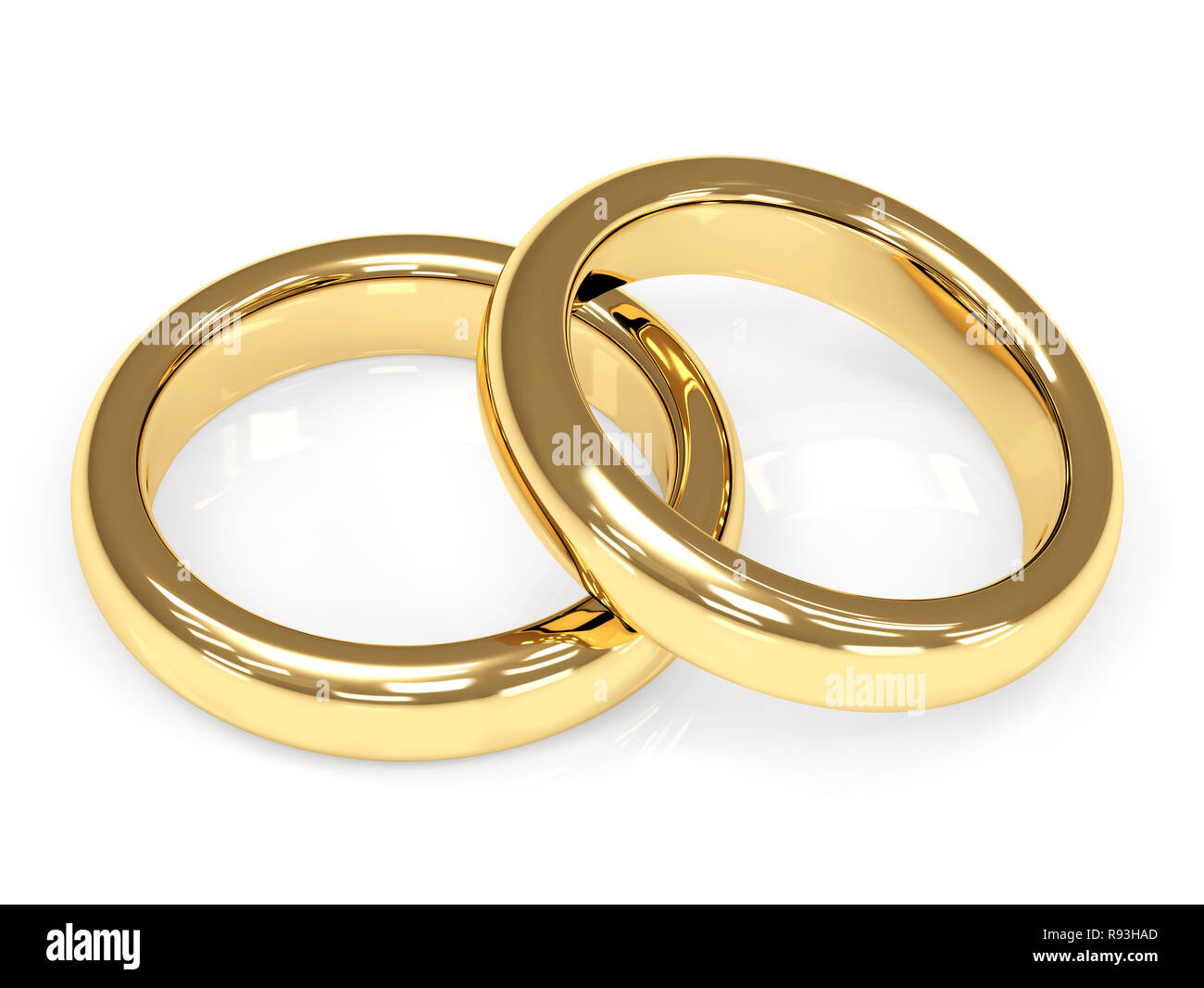 Two 3d gold wedding rings. Objects over white Stock Photo - Alamy