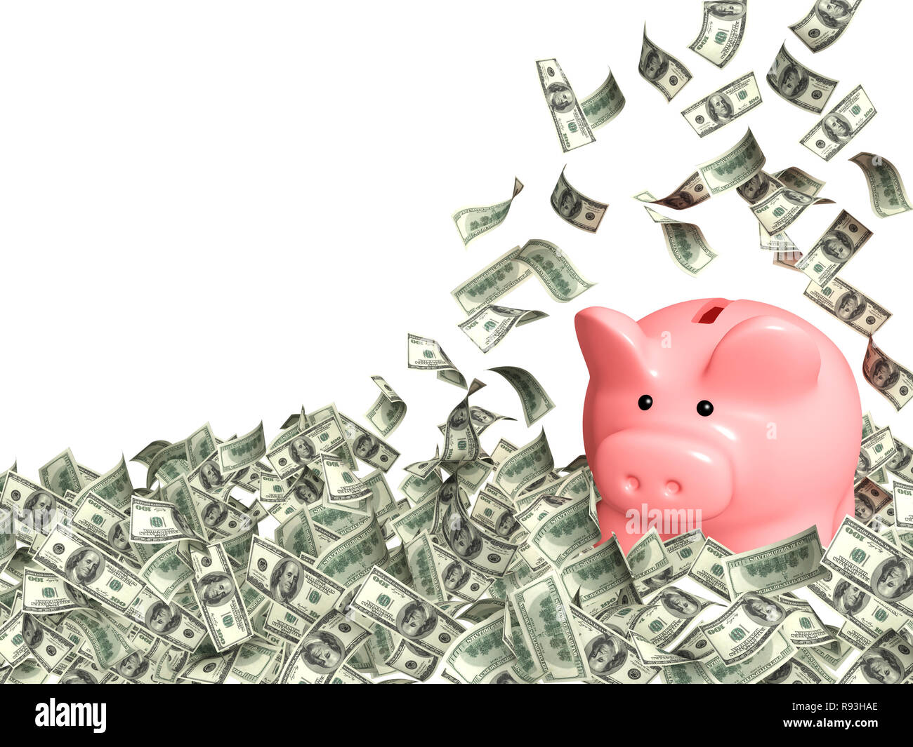 Piggy bank and falling dollars banknotes. Isolated over white Stock ...