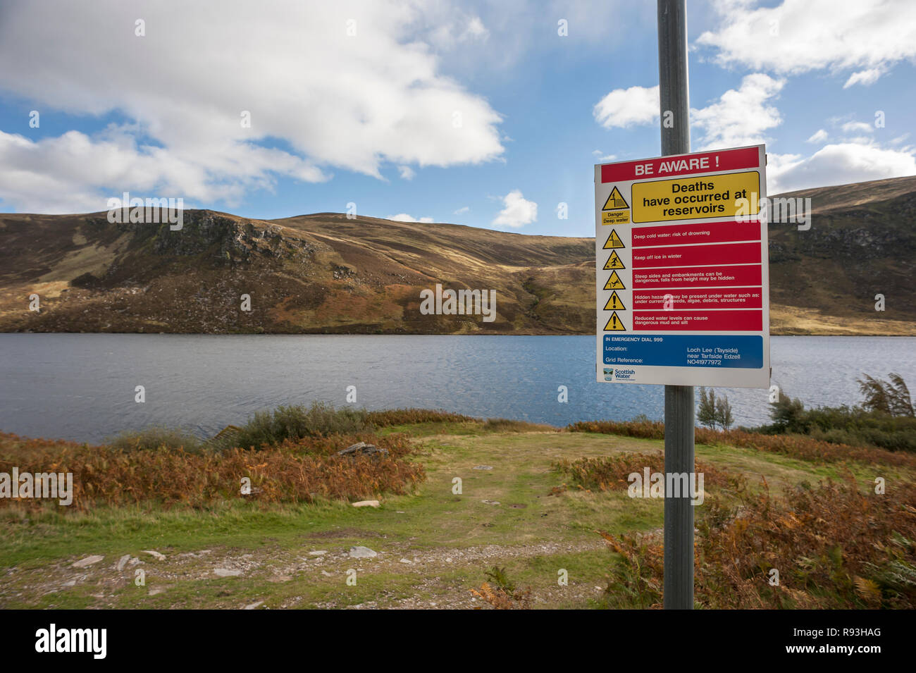 Foreground warning of death signage at Loch Lee Reservoir, Angus ...