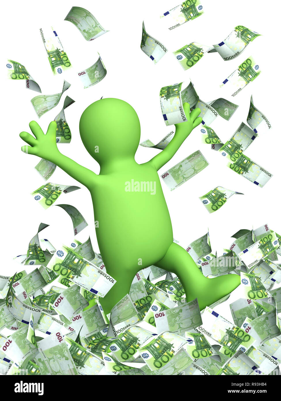 Happy puppet and a money rain. Isolated over white Stock Photo - Alamy