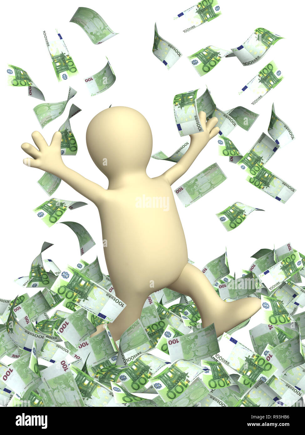 Happy puppet and a money rain. Isolated over white Stock Photo - Alamy