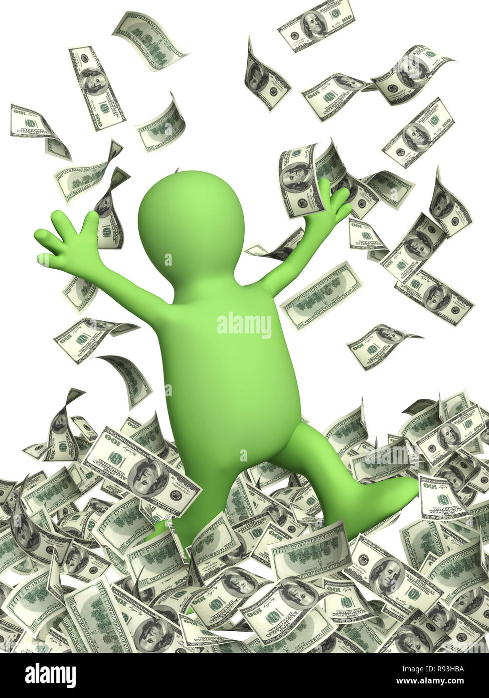 Happy puppet and a money rain. Isolated over white Stock Photo - Alamy