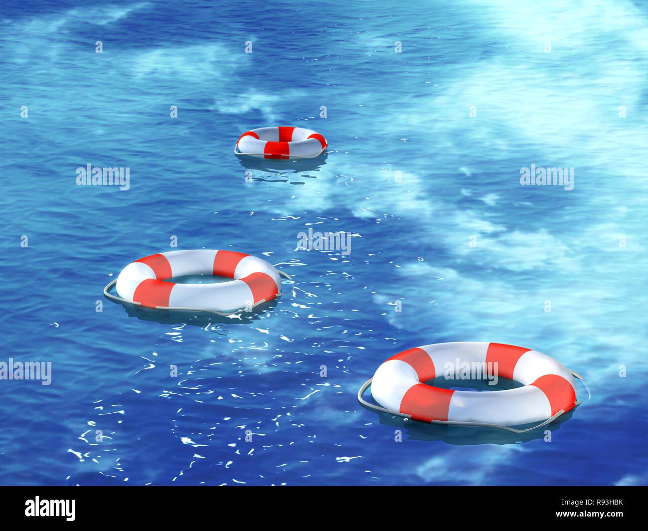 Three 3d lifebuoys, floating on waves Stock Photo - Alamy