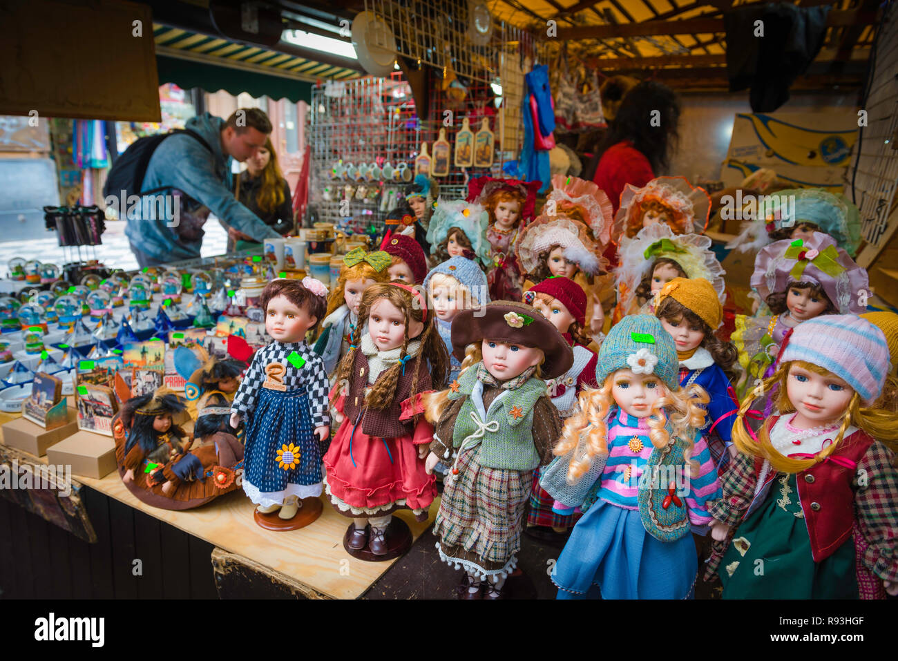 Dolls shop, view of tourists browsing a doll stall in the Havelske ...