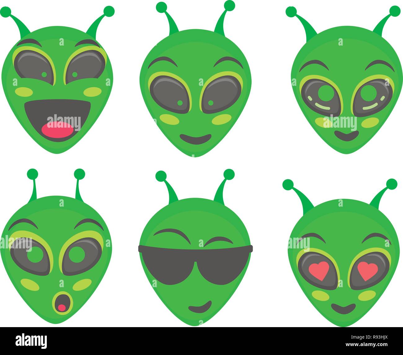 Alien face emoji. Alien green head. Humanoid vector illustration set ...