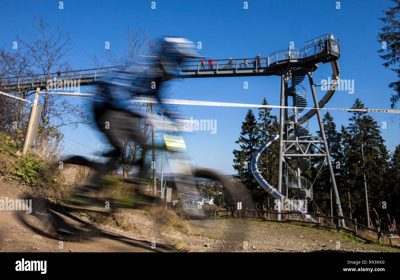 Mountain biker, bike park, downhill mountain bike trail at the ...