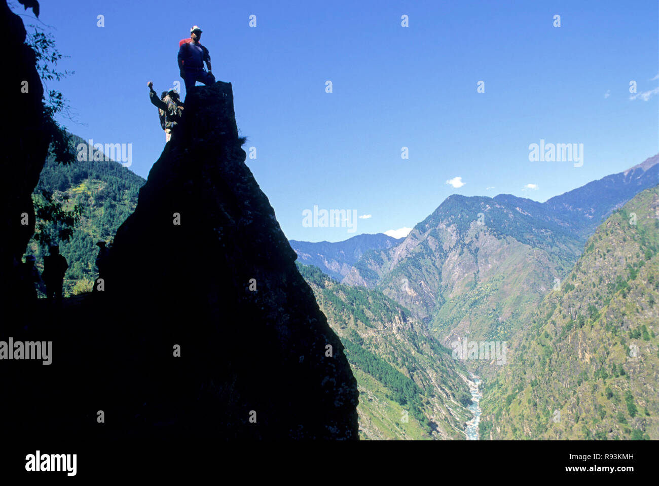 Trekker on mountain top, Sangla Valley, Baspa Valley, Kinnaur District ...