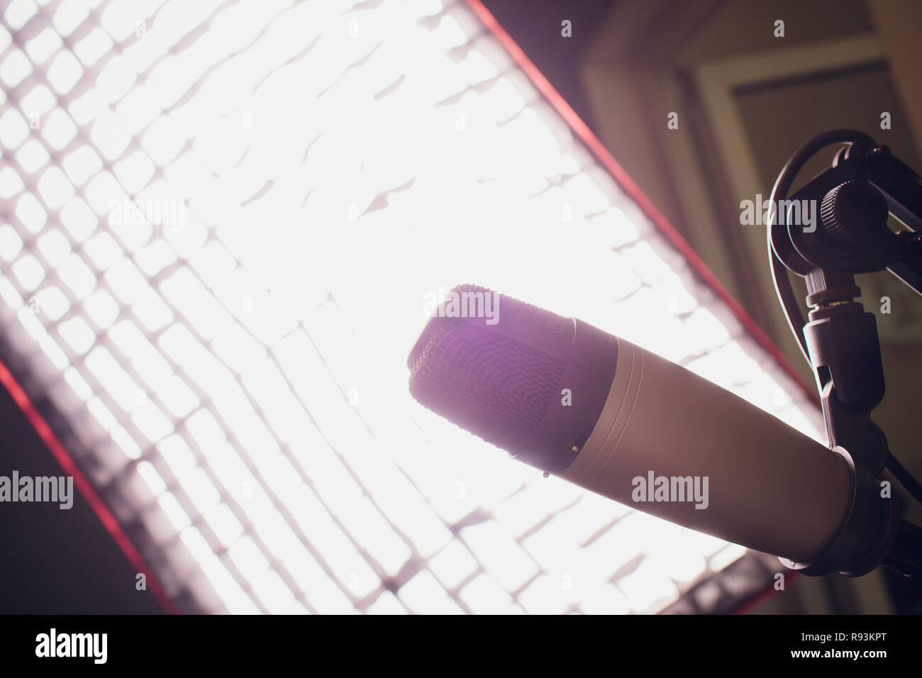 microphone on stand up comedy stage with reflectors ray, high contrast ...