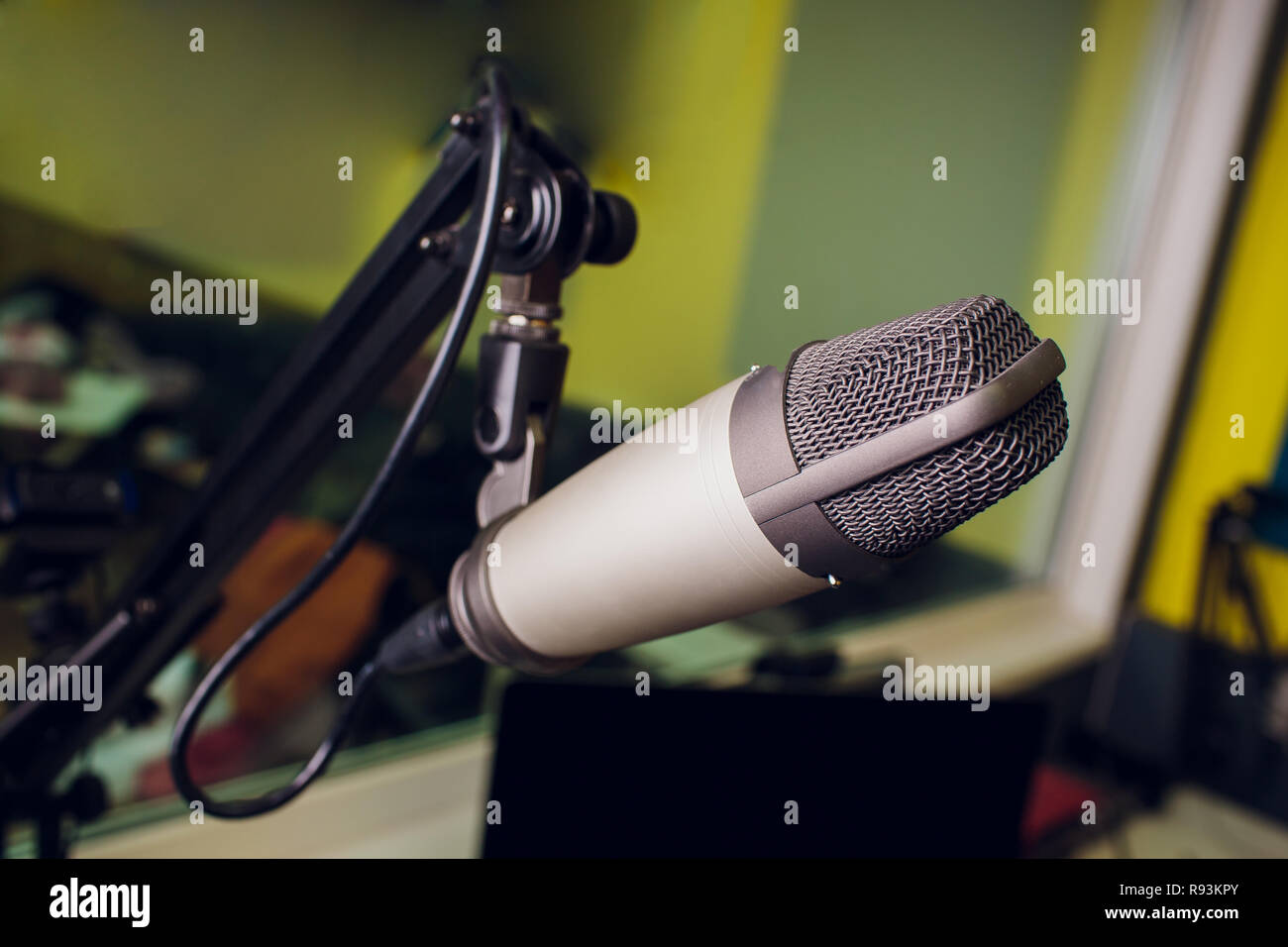 microphone on stand up comedy stage with reflectors ray, high contrast ...