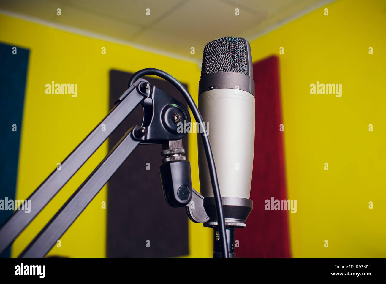 microphone on stand up comedy stage with reflectors ray, high contrast ...