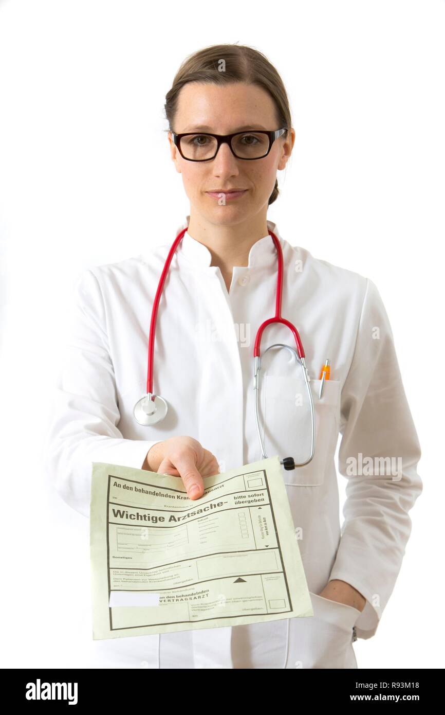Female doctor holding a medical document of a consultation for the ...