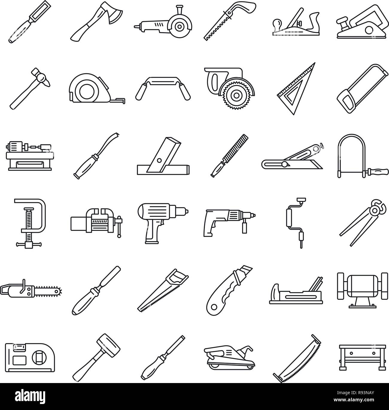 Carpenter working icon set. Outline set of carpenter working vector ...