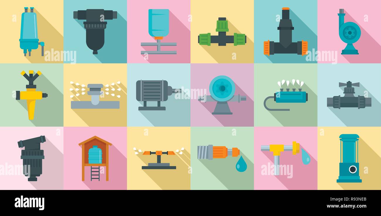 Irrigation system icon set. Flat set of irrigation system vector icons ...